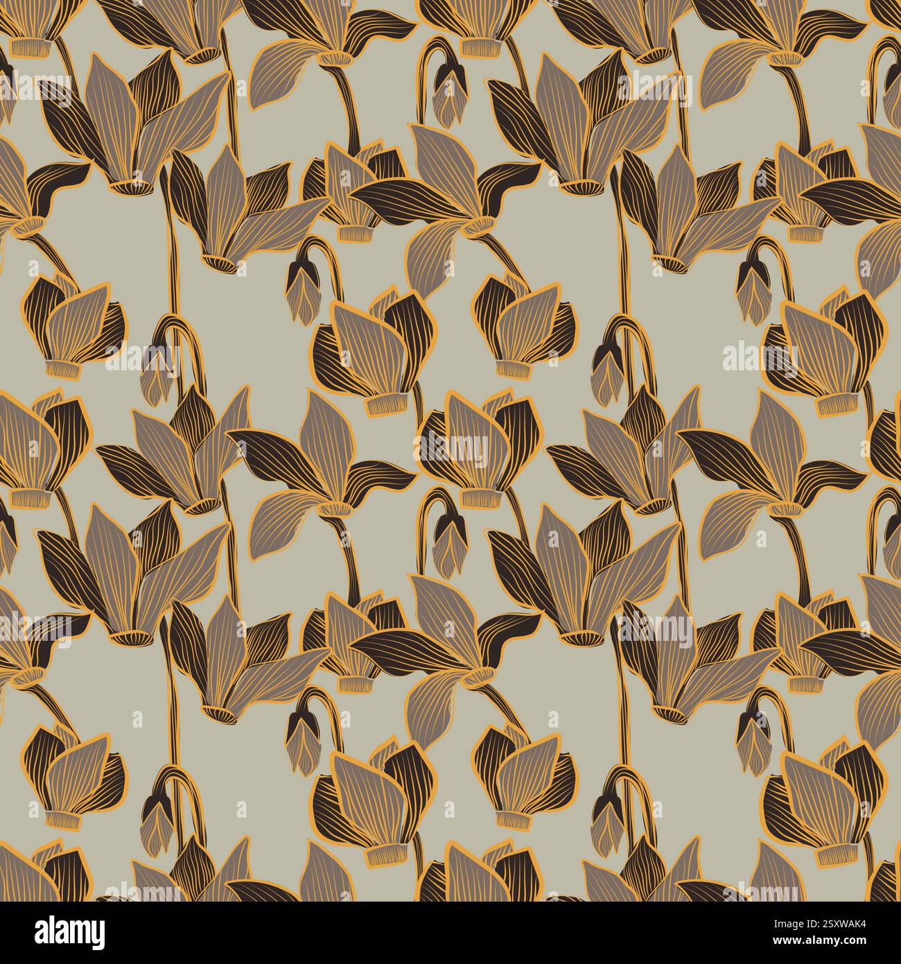 stylized gold flowers, Cyclamen Spring line art illustration Cyclamen ...