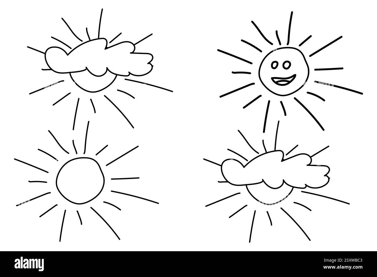 Black and white line drawing of the sun with clouds in different styles ...