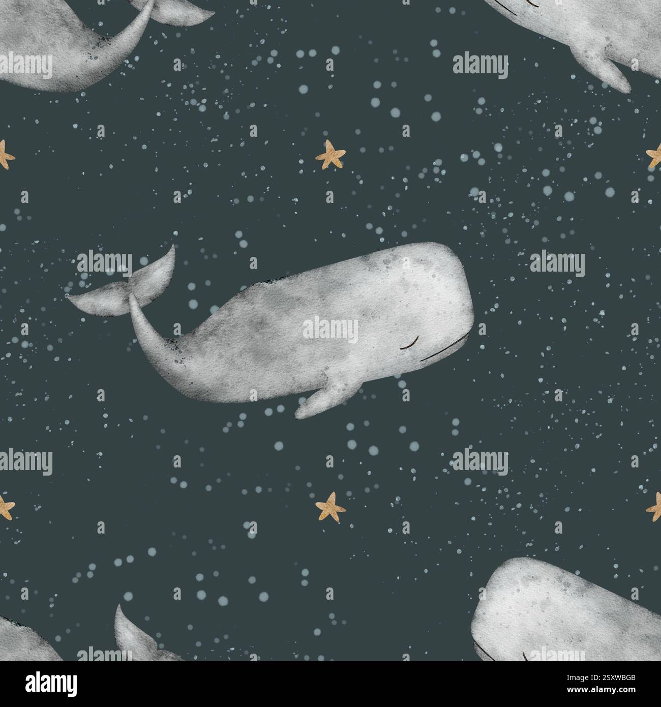Seamless pattern vintage cachalot whale stars. Watercolor print gray ...