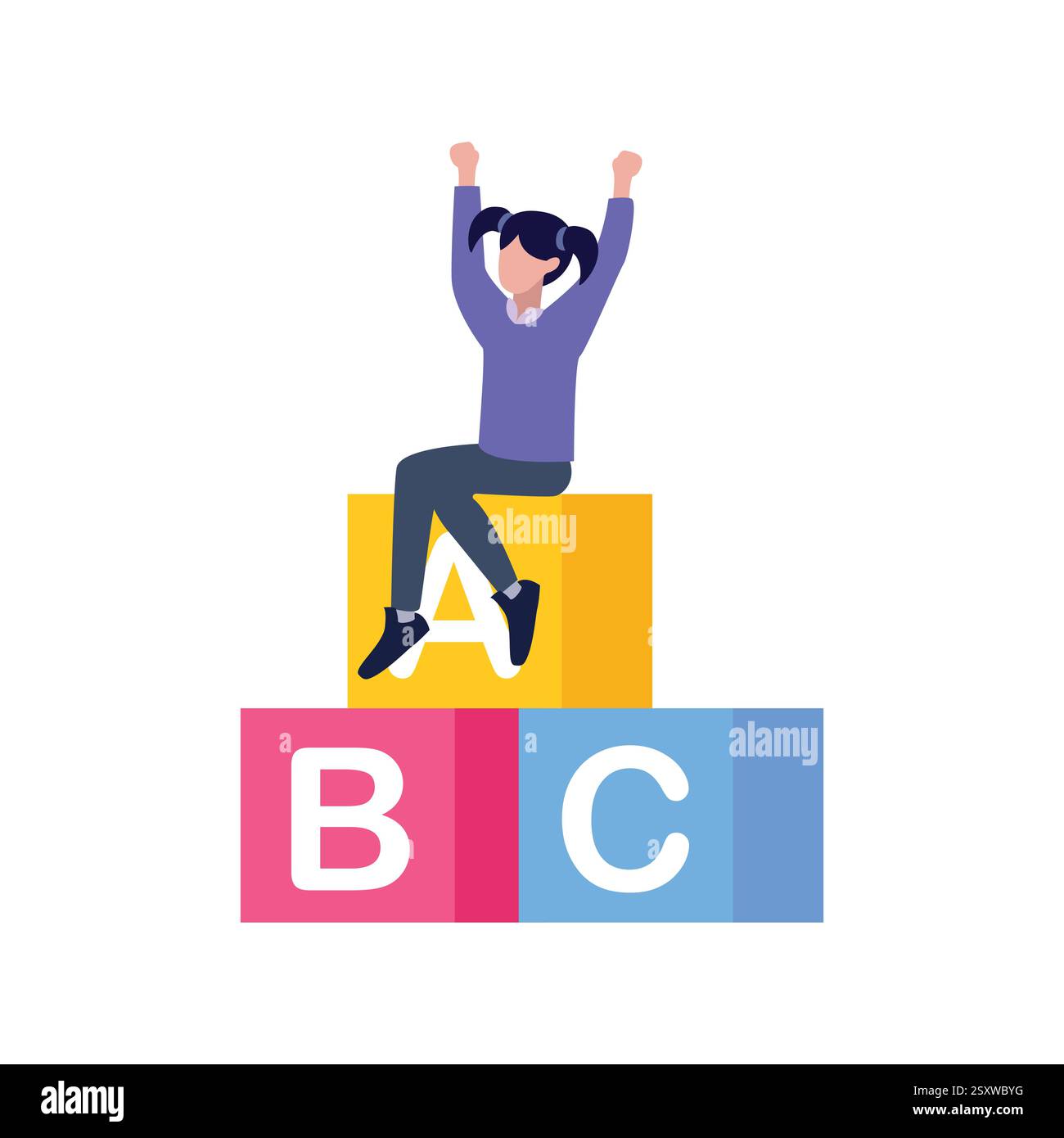 Girl sitting on alphabet blocks toy. Vector illustration Stock Vector ...