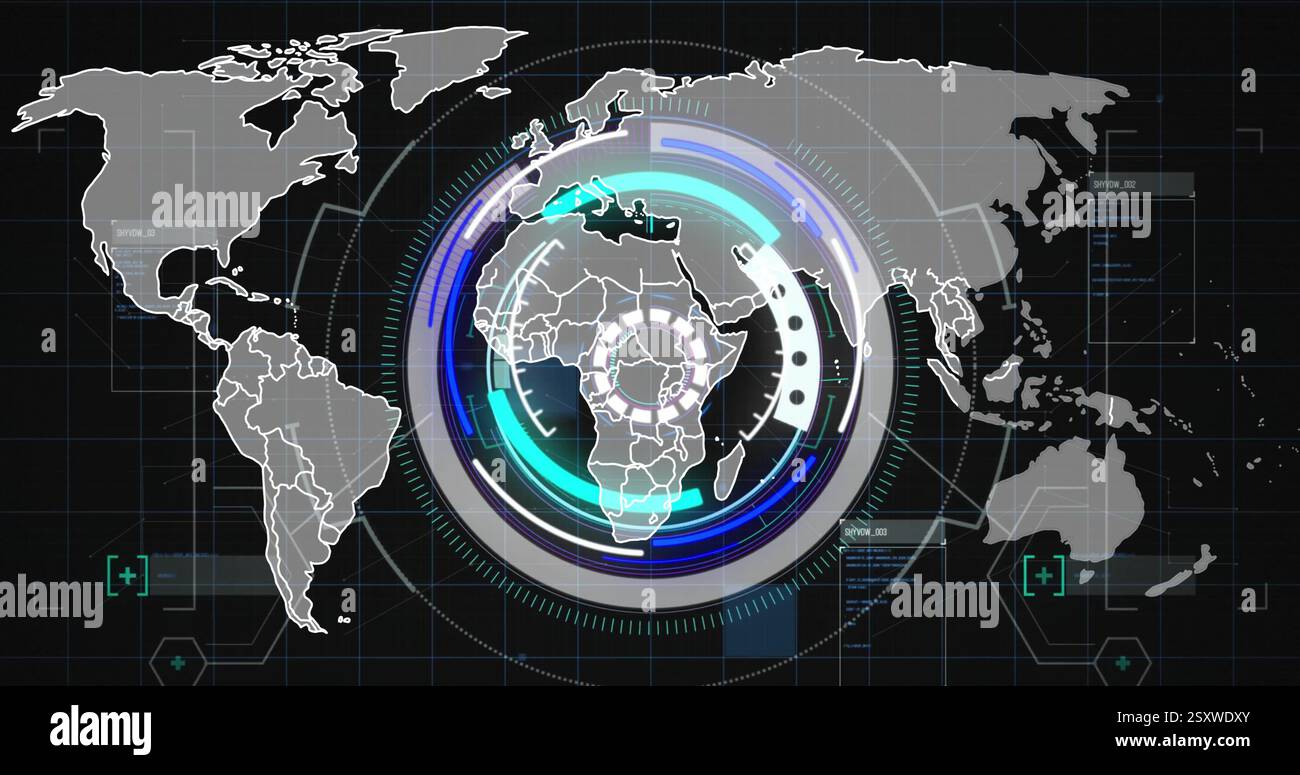 Image of world map over scope scanning and data processing on black background Stock Photo - Alamy