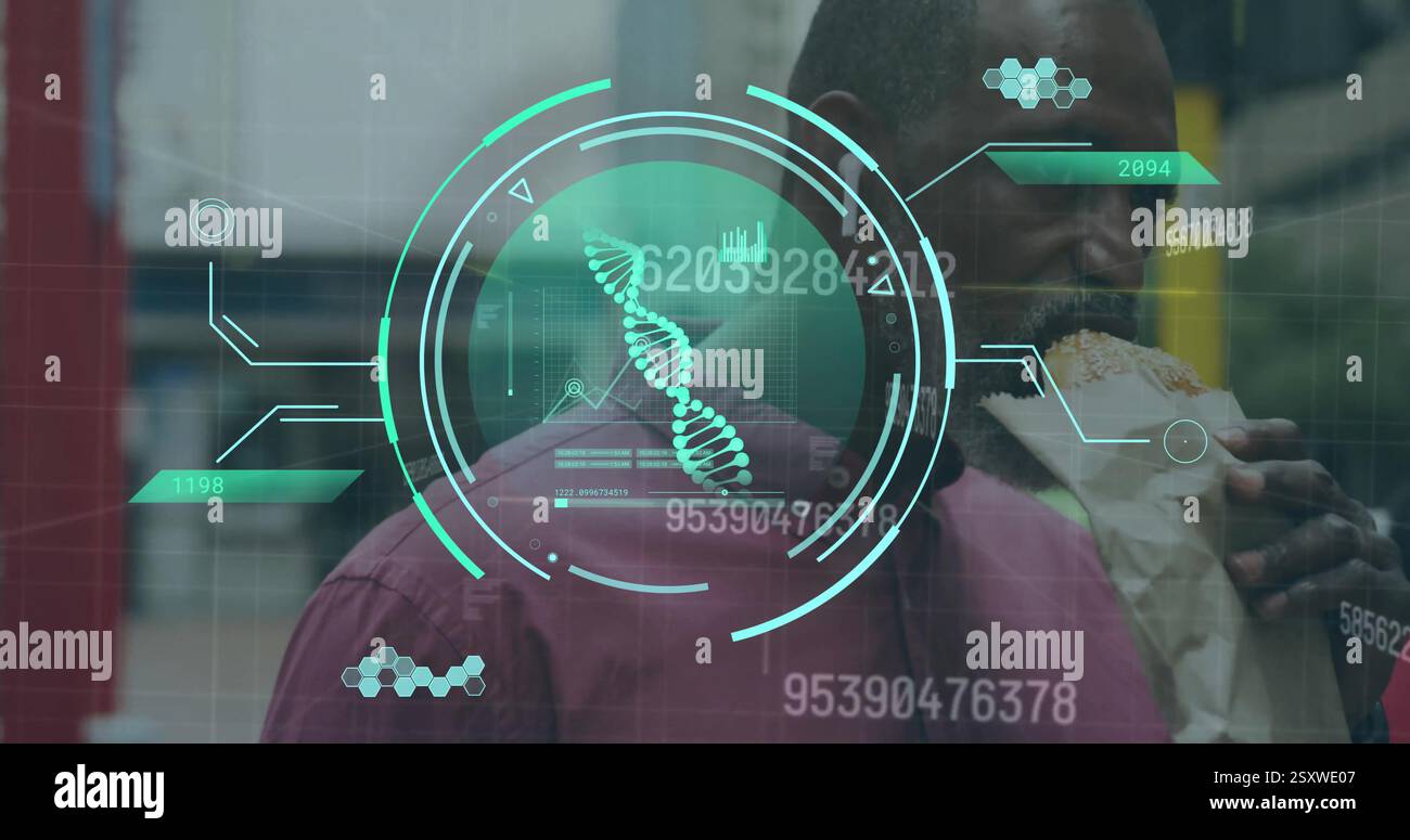 Image of dna and scanner with processing data over african american man ...