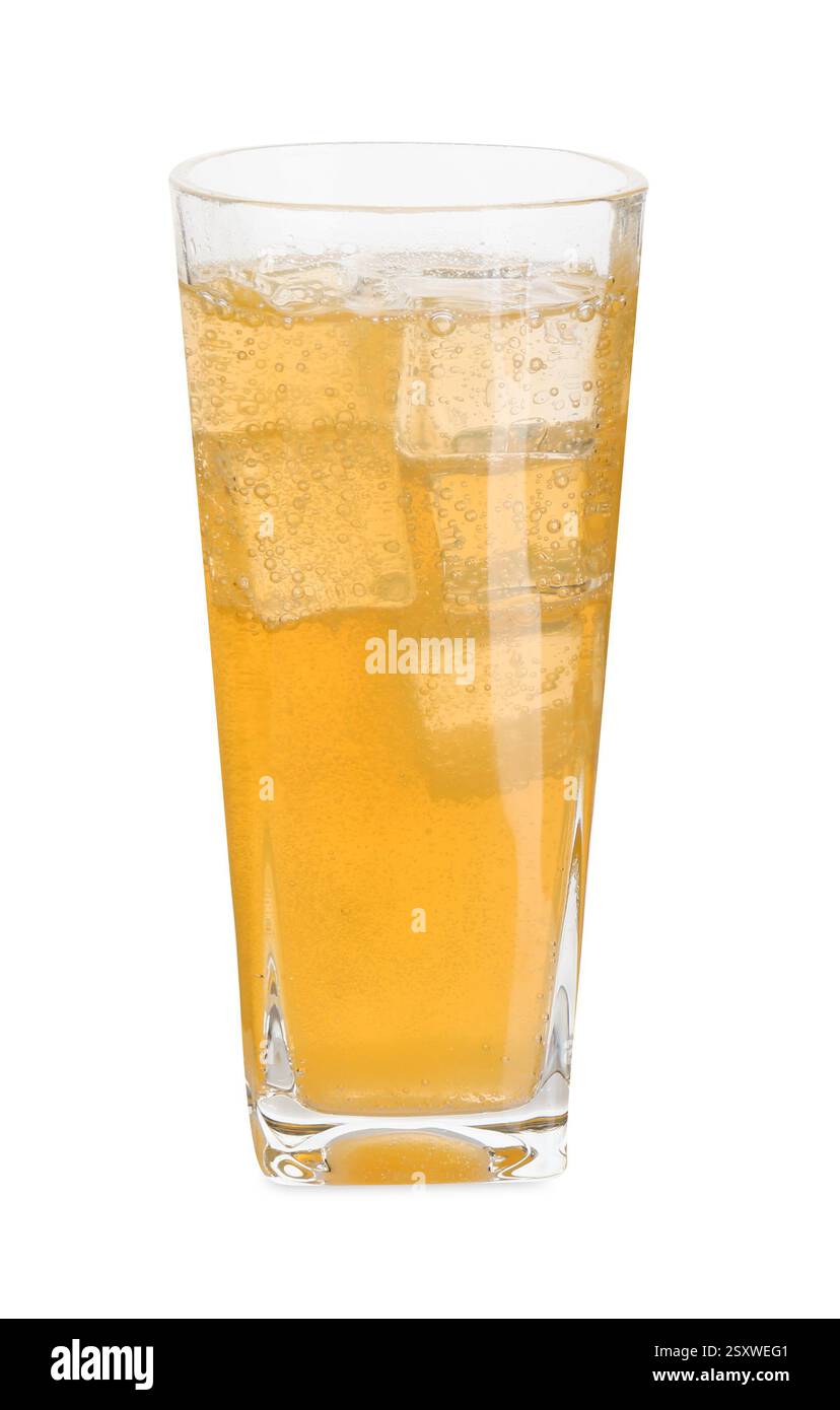 Sweet soda water with ice cubes in glass isolated on white Stock Photo ...