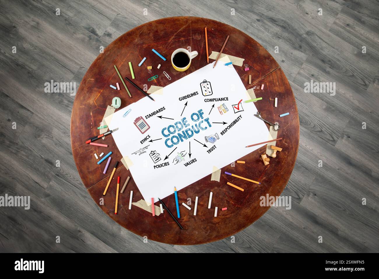 Code of Conduct. Illustration with icons, keywords and arrows on a ...