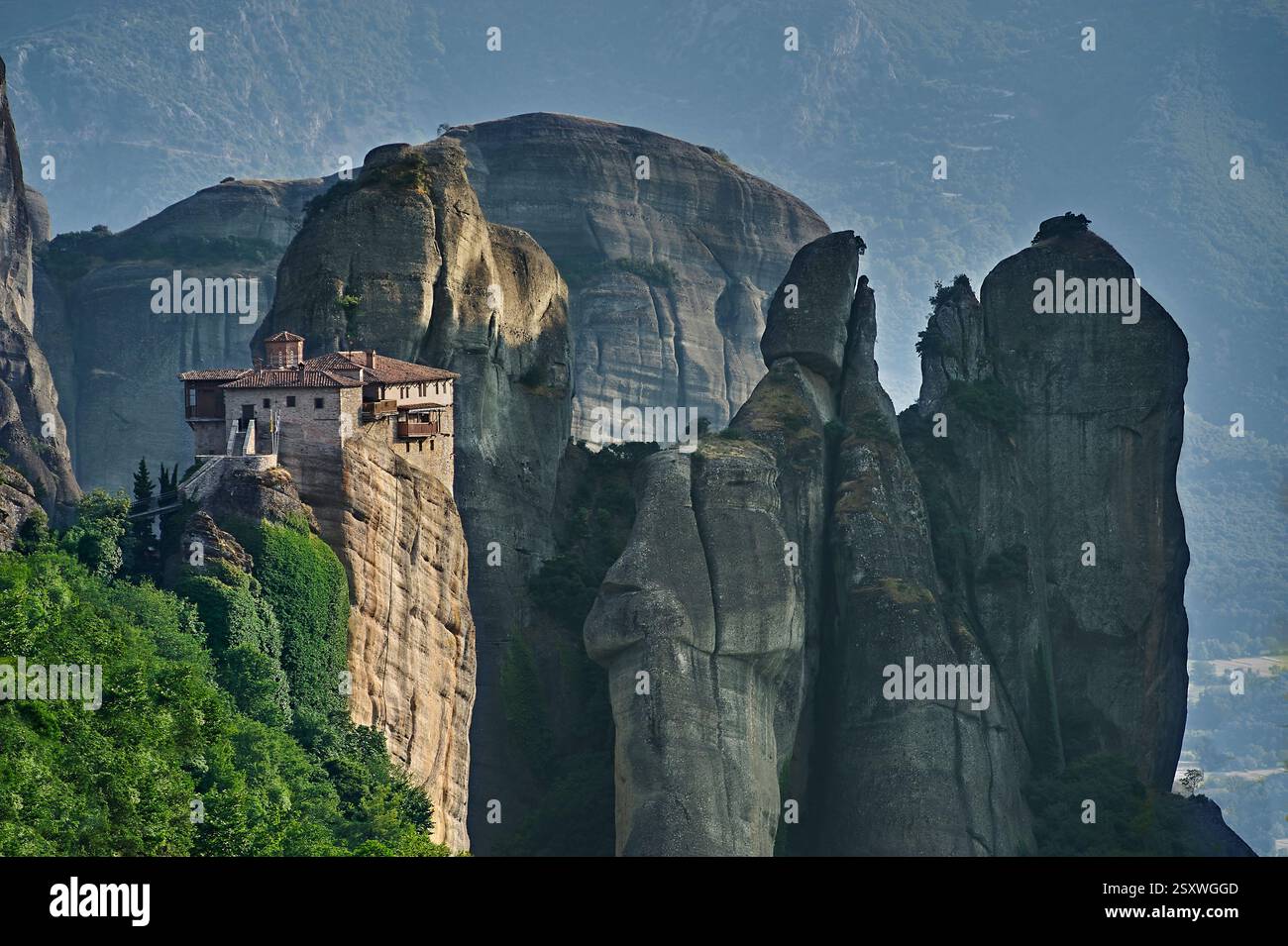 Medieval Meteora Monastery of St. Rousanou (Μονή Ρουσάνου)on top of a ...