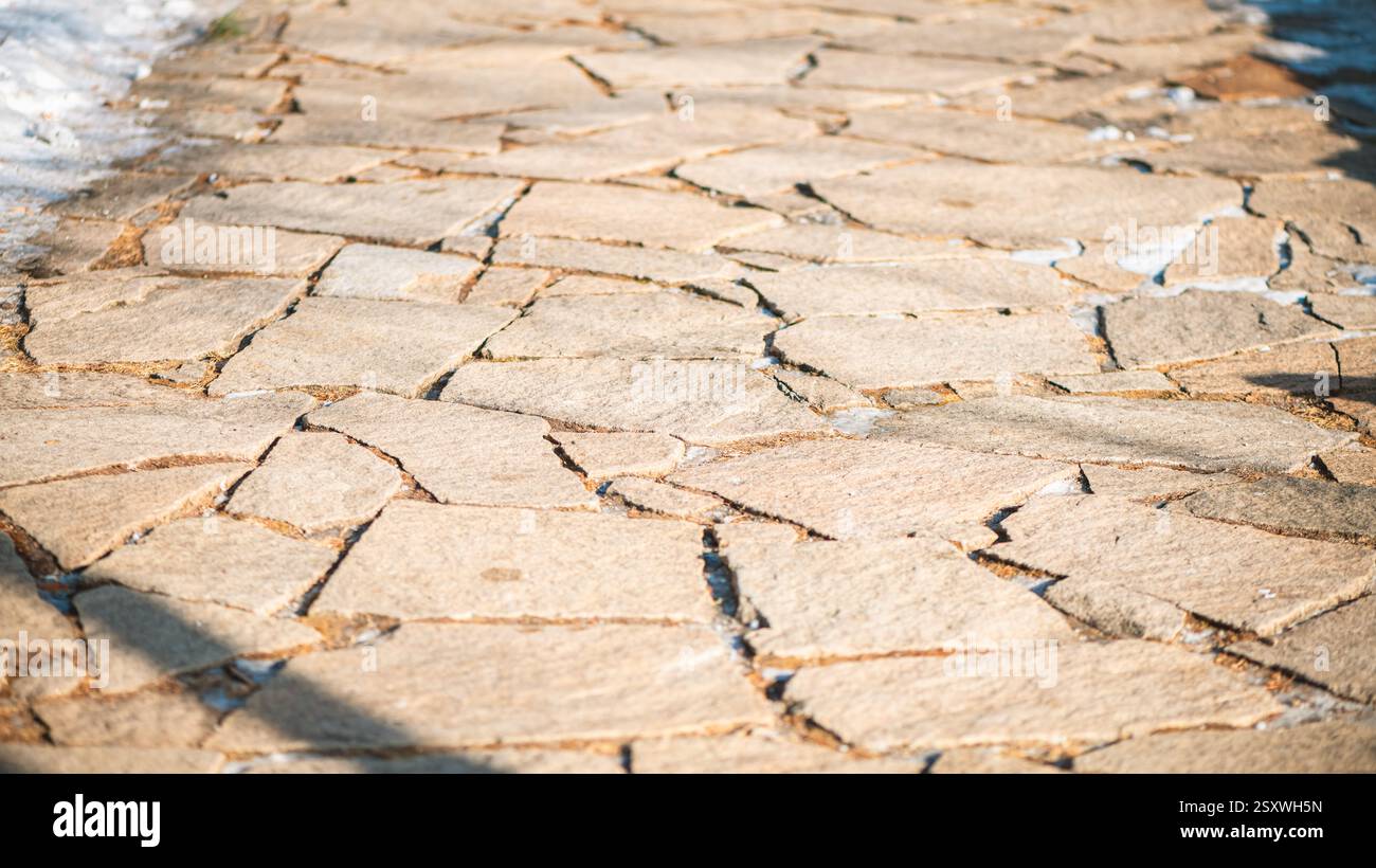 Sunlight illuminates an irregular stone paving, creating a rustic and ...