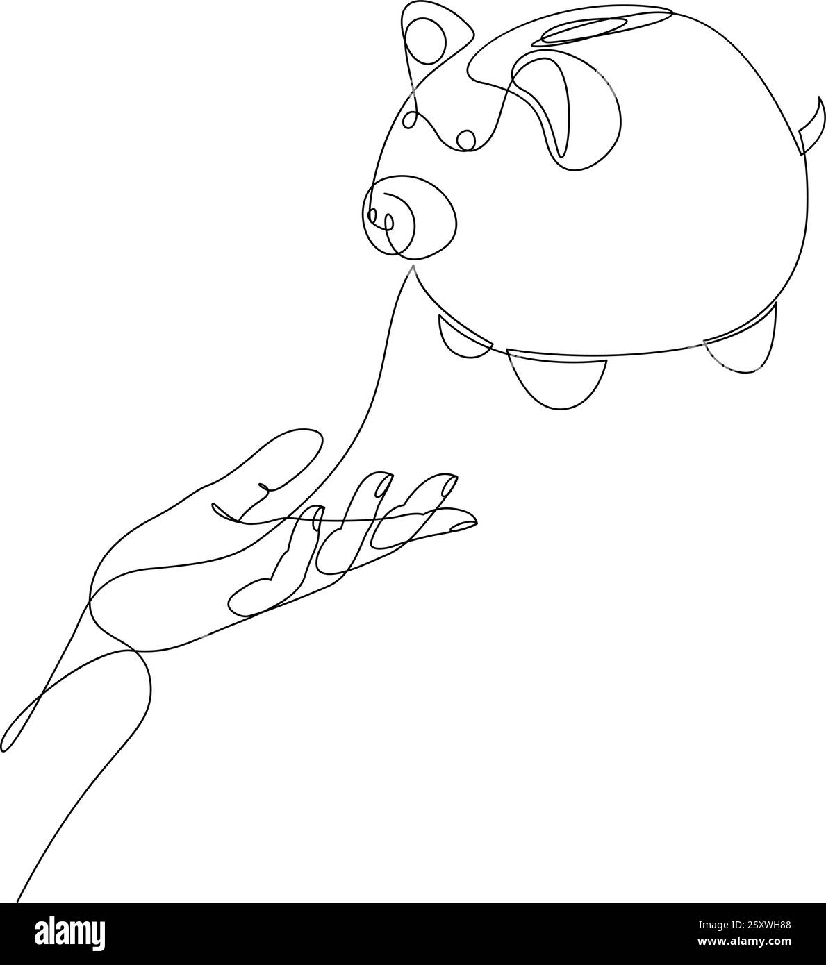 Continuous one line drawing of hand holding piggy bank. Money savings ...