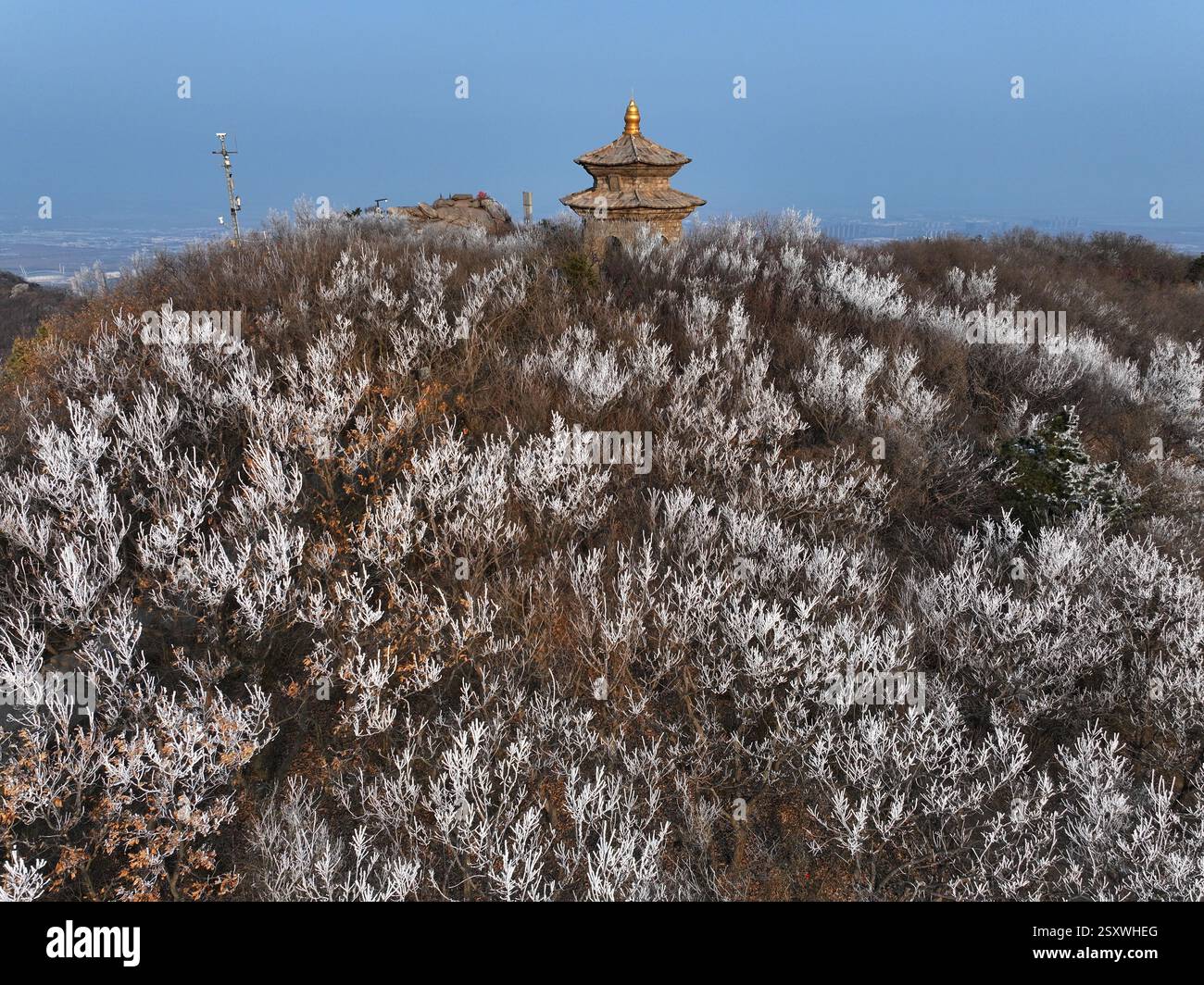 Aerial photo shows the rime scenery of Mount Huaguo in Lianyungang Ctiy ...