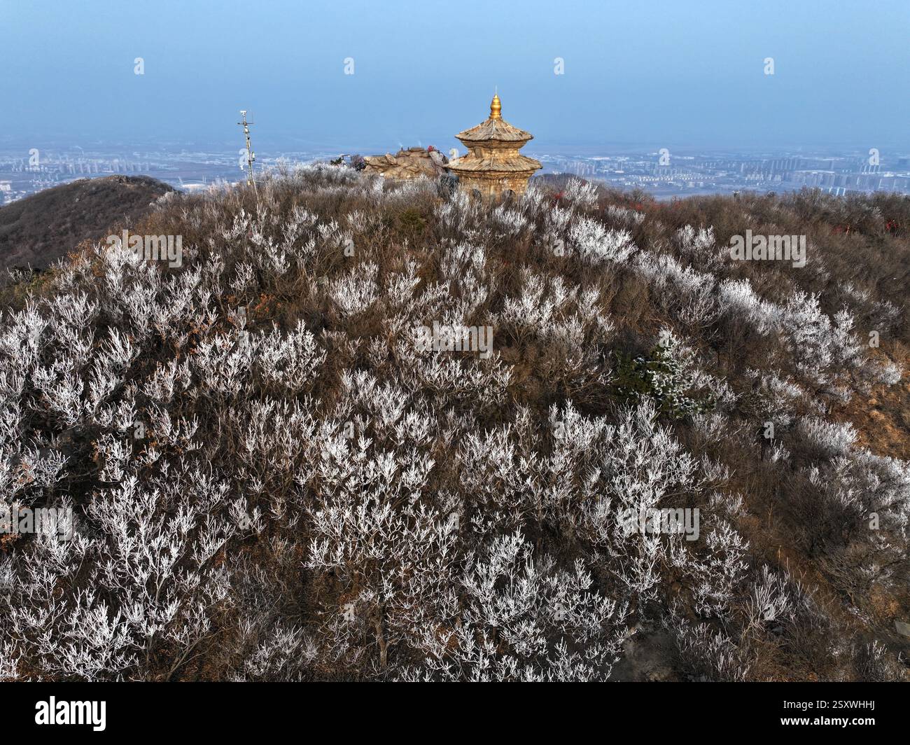 Aerial photo shows the rime scenery of Mount Huaguo in Lianyungang Ctiy ...
