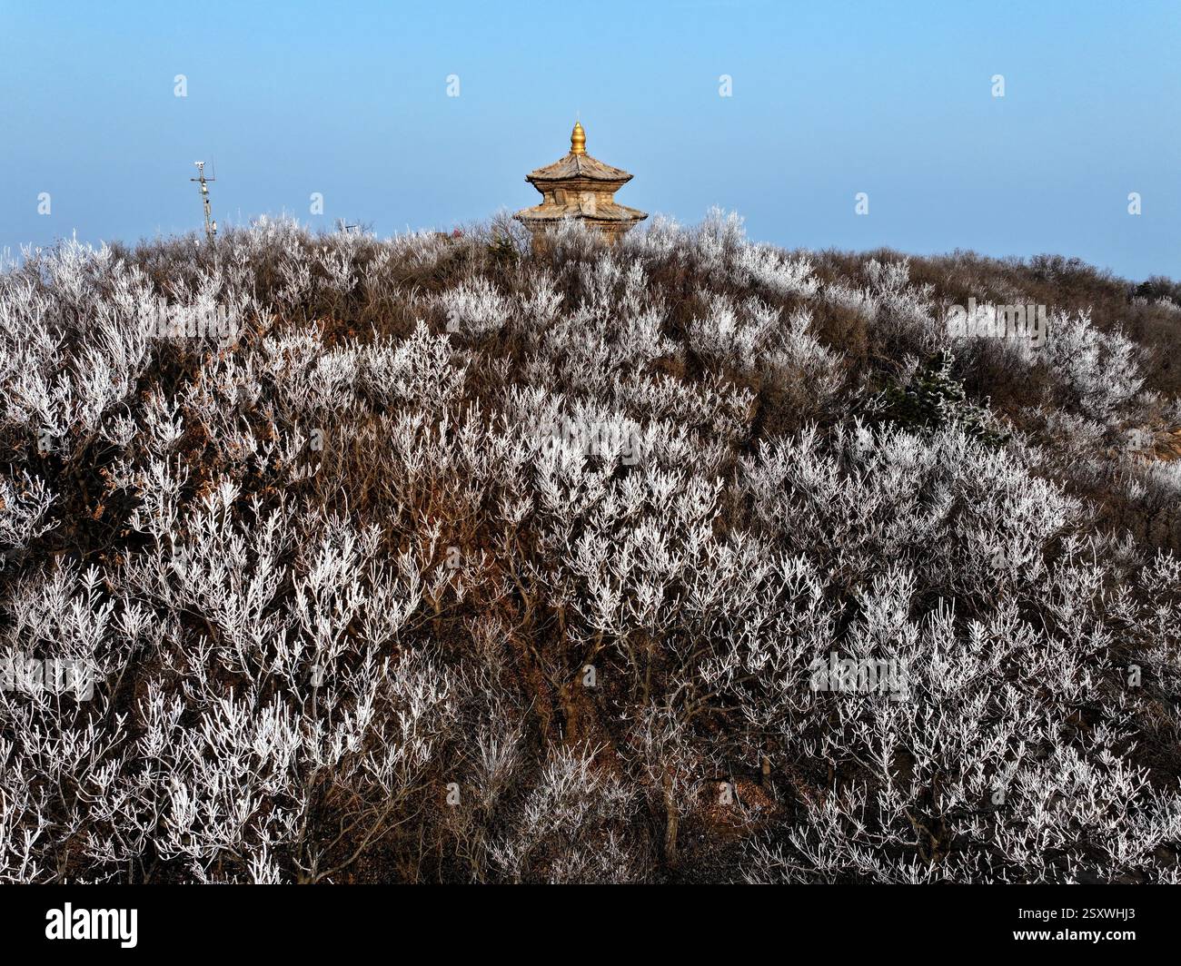 Aerial photo shows the rime scenery of Mount Huaguo in Lianyungang Ctiy ...