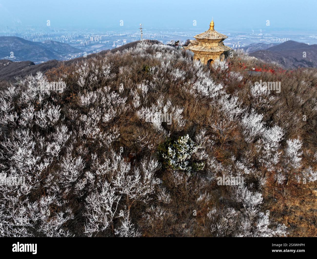 Aerial photo shows the rime scenery of Mount Huaguo in Lianyungang Ctiy ...