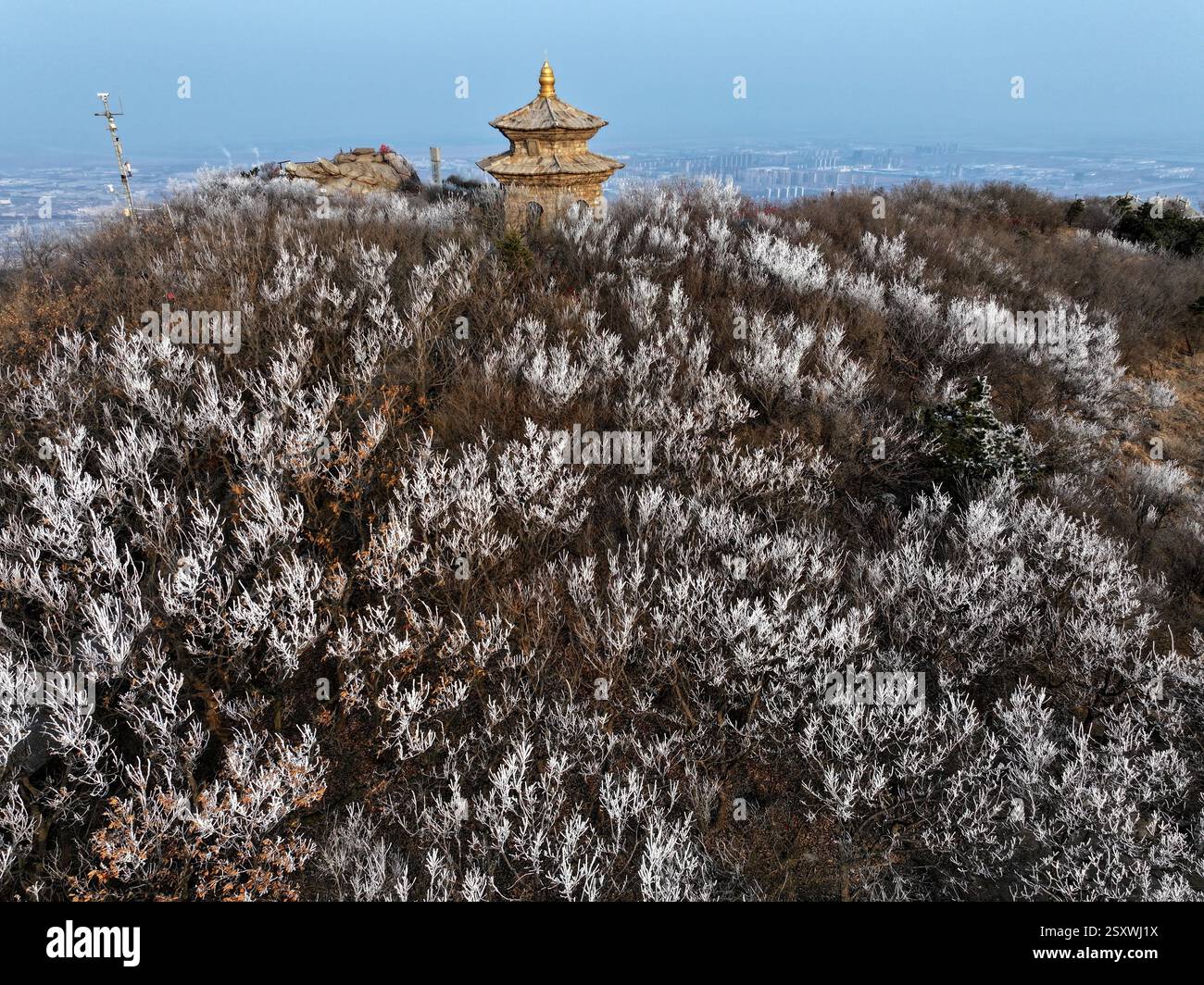 Aerial photo shows the rime scenery of Mount Huaguo in Lianyungang Ctiy ...