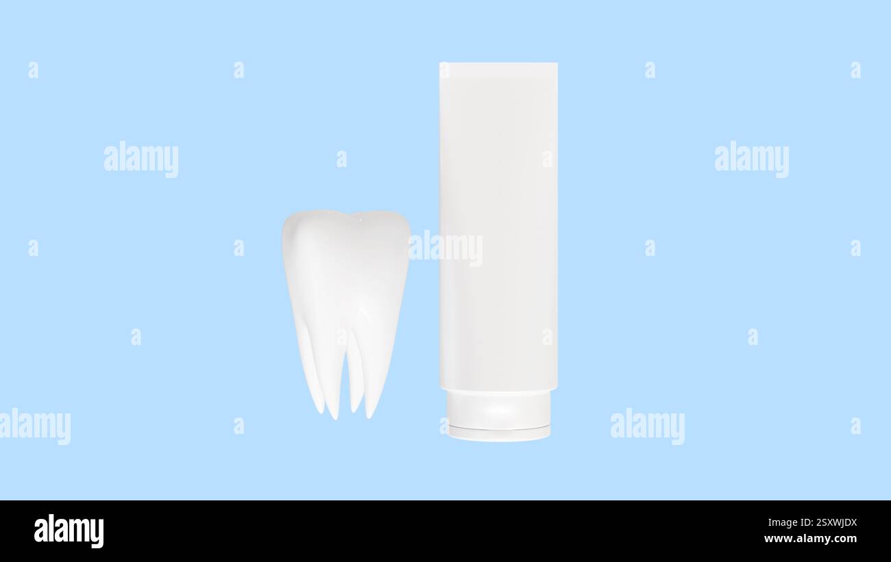 3D model of white molar tooth and white tube of toothpaste on blue ...