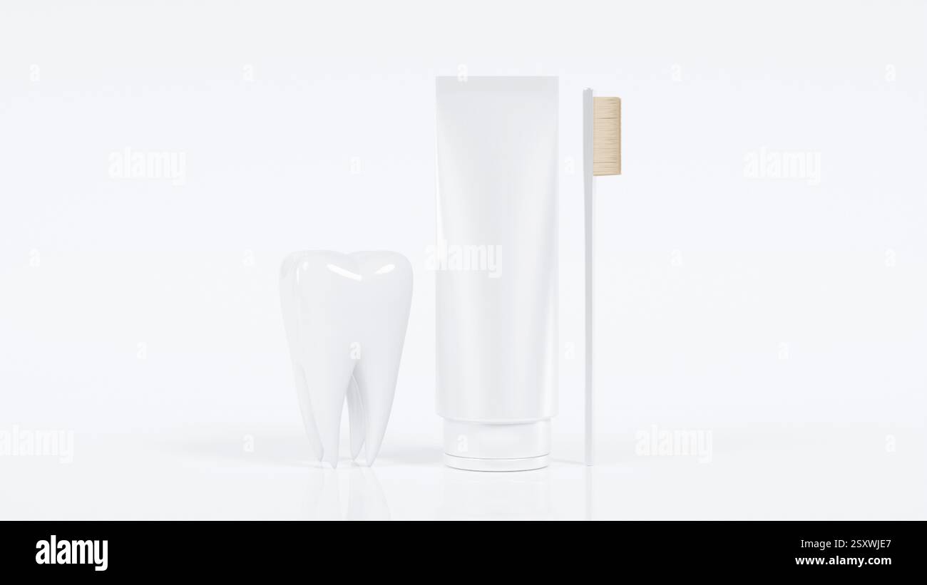 3D model of white molar tooth and white tube of toothpaste and ...