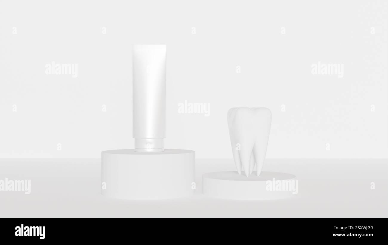 3D model of white molar tooth and white tube of toothpaste on pedestal ...