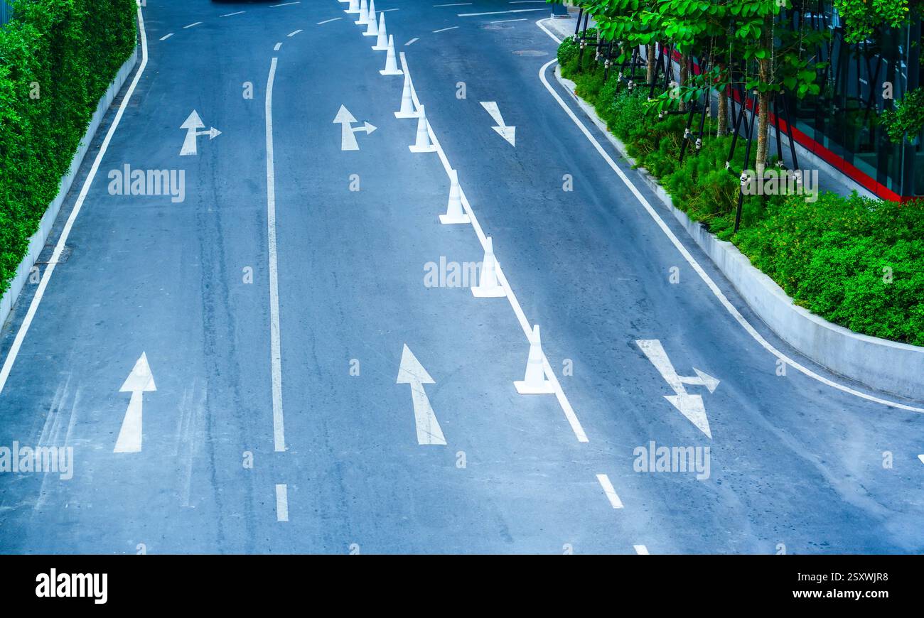 Road marking arrow forward and left on road surface, aerial view Stock ...