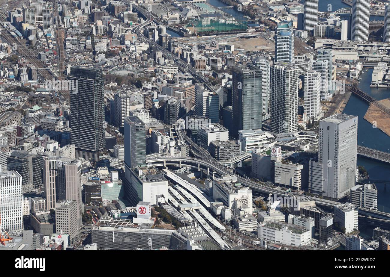 An aerial photo shows The Yokohama Front (L), commercial complex with ...
