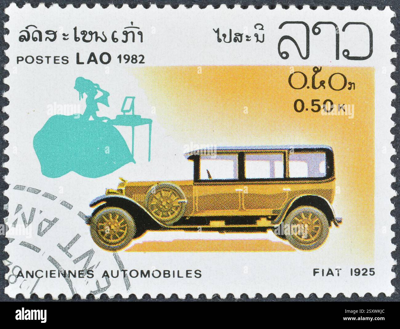 Cancelled postage stamp printed by Laos, that shows Fiat (1925), circa ...
