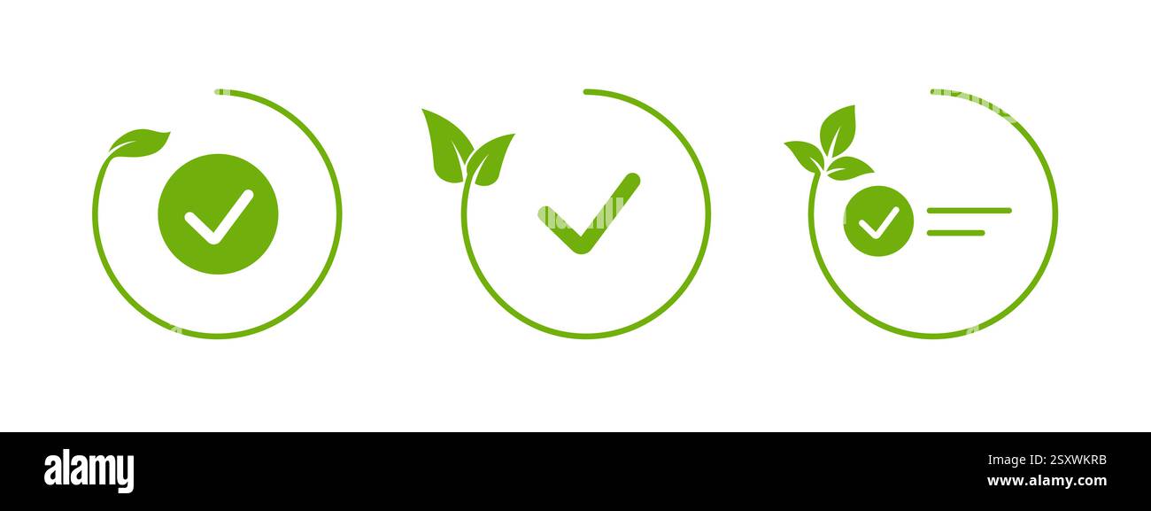 Green leaf with circular outline and check mark for eco designs Stock ...