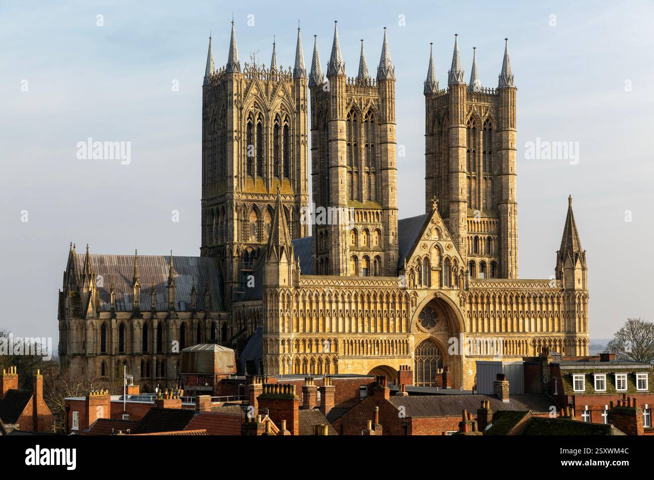 West frontage of Lincoln cathedral church viewed from castle walls ...