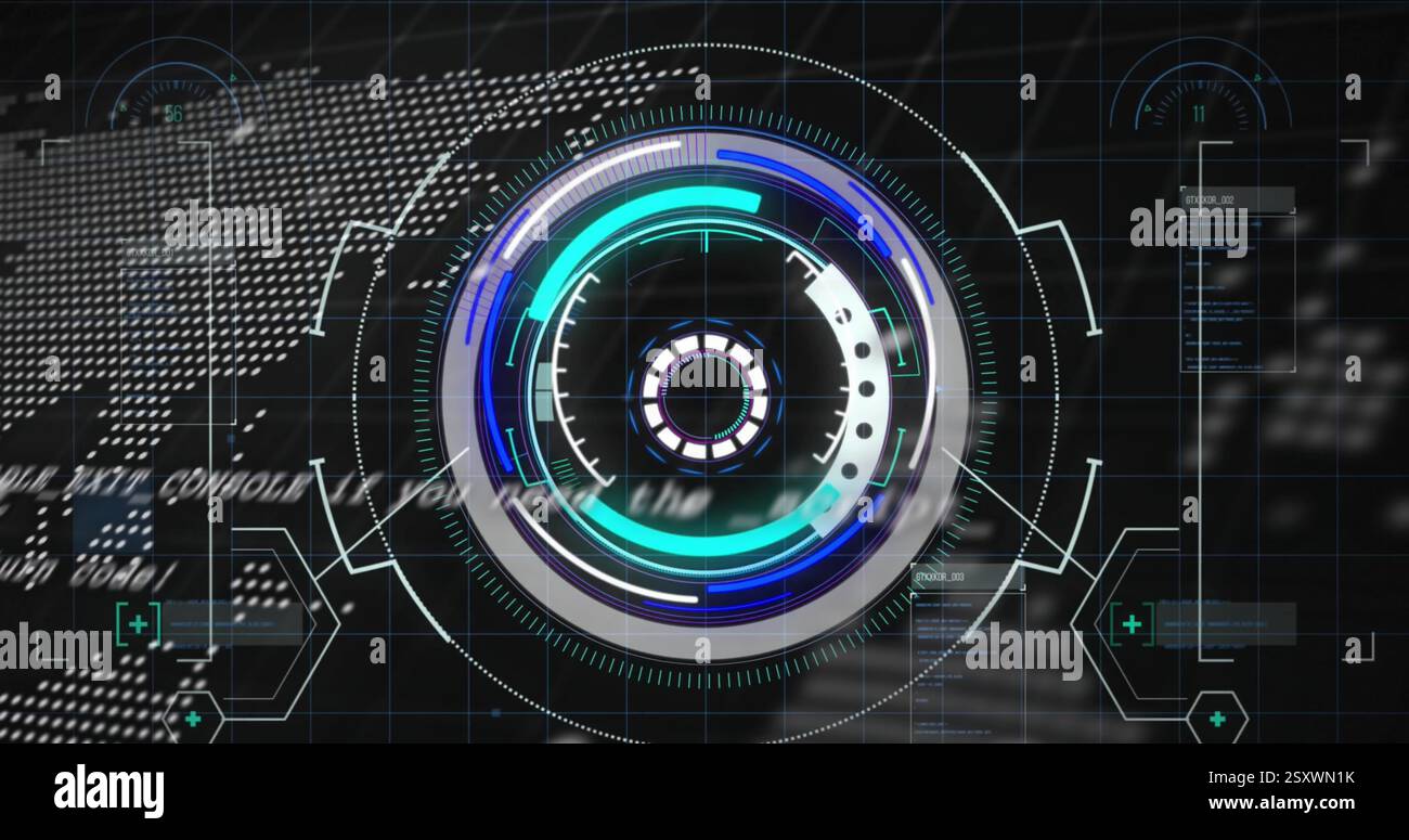 Image of scope scanning over data processing and world map on black background Stock Photo - Alamy