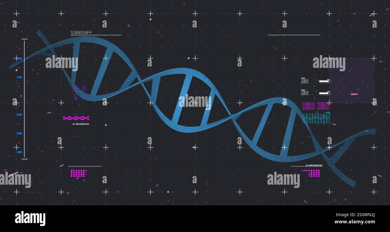 Image of scope scanning over data processing and dna strand on black ...