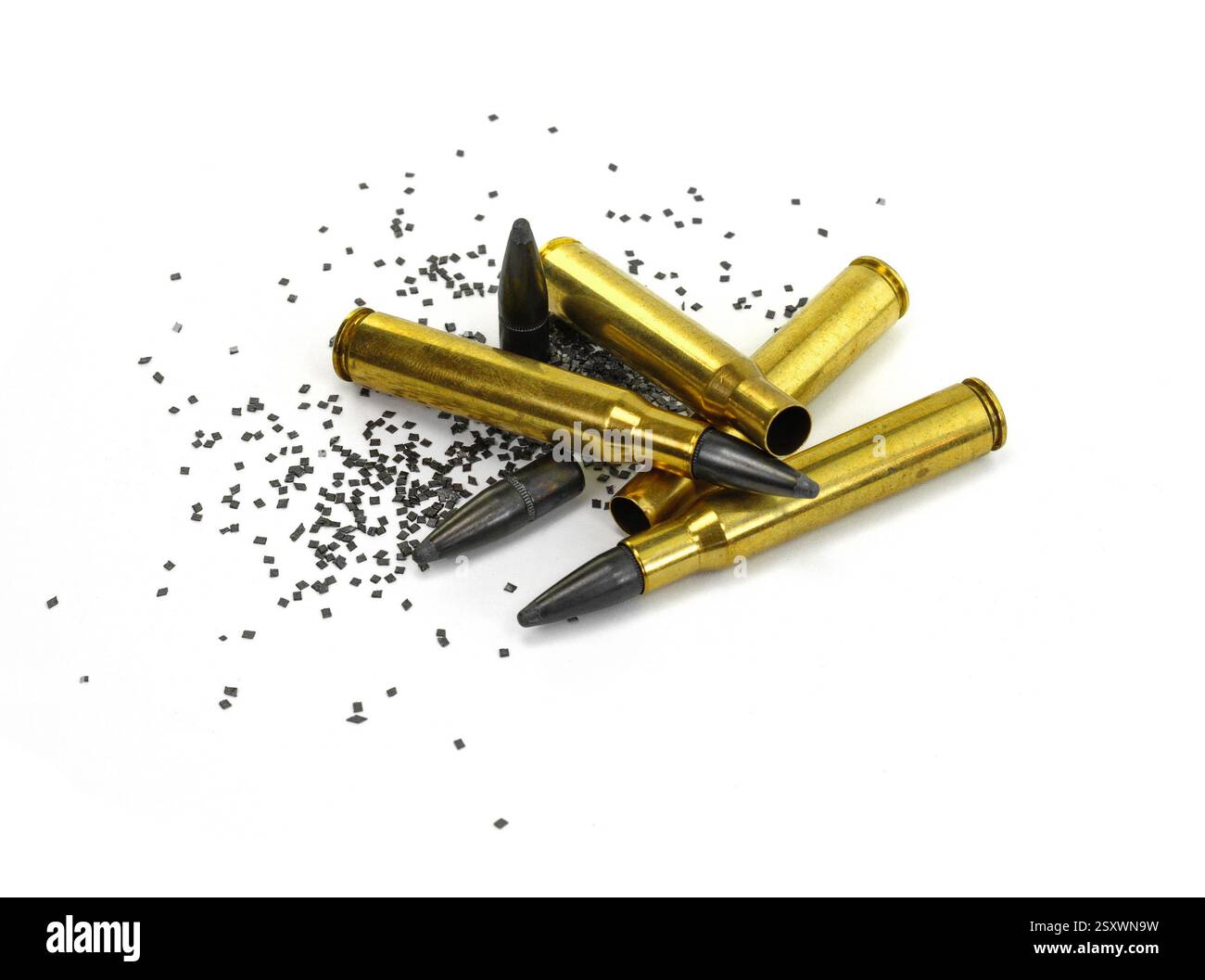 A rifle bullet, empty shell, gunpowder on white background. Hunting ...