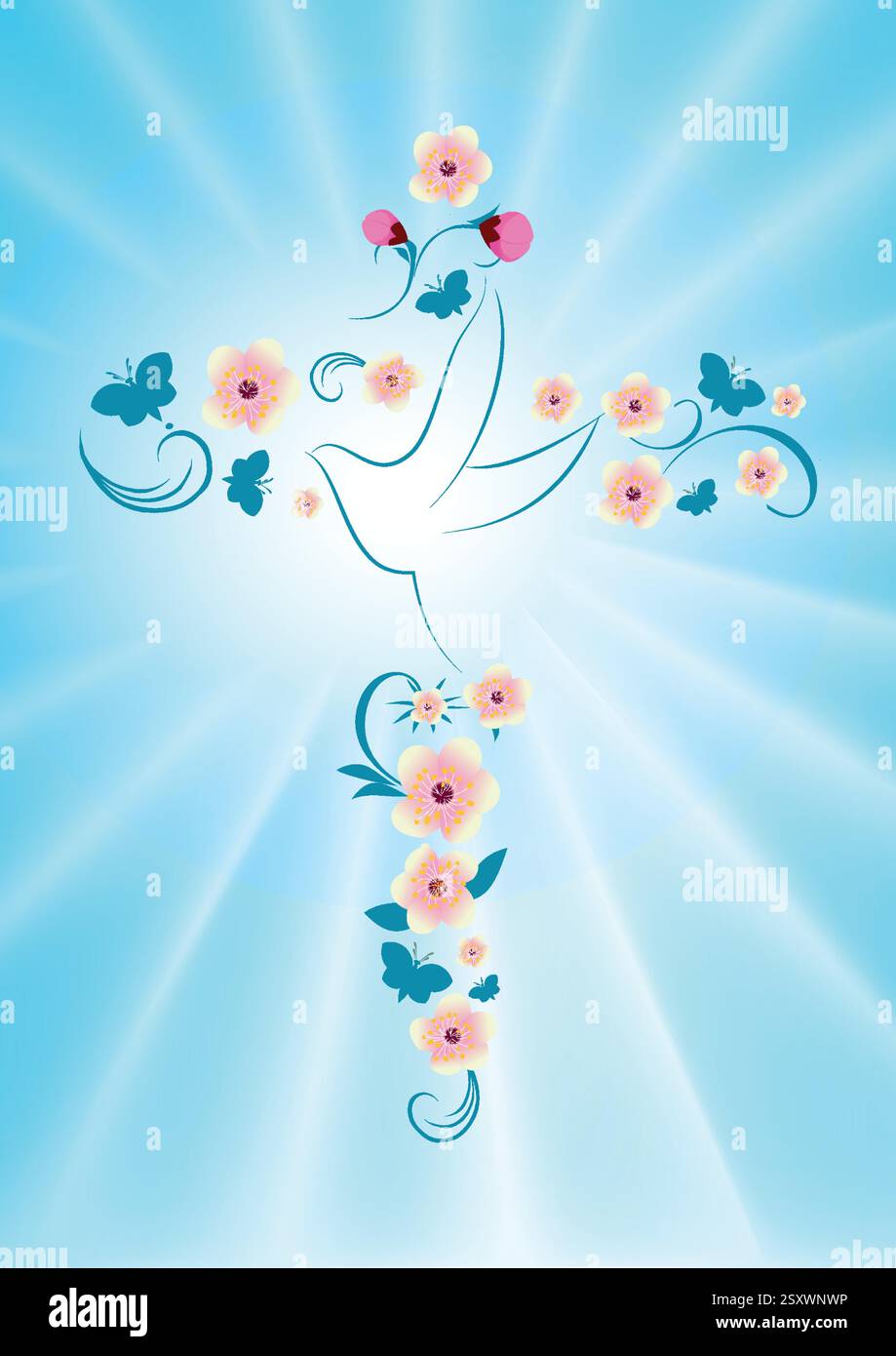 Christian cross with flowers and abstract dove. Christian symbol. Blue background with bright ...