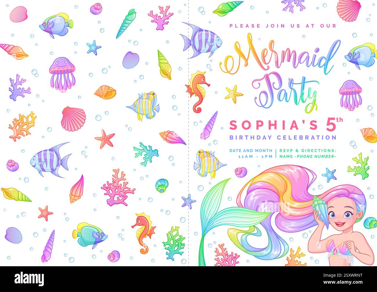Mermaid birthday party invitation folded card vector template Stock ...