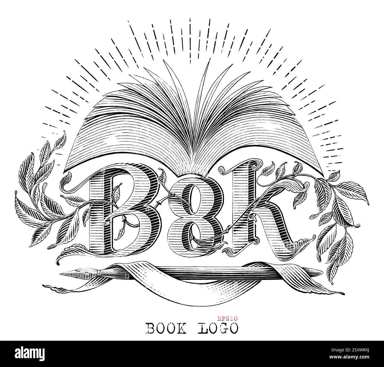 Book shop logo design hand draw vintage engraving style black and white ...