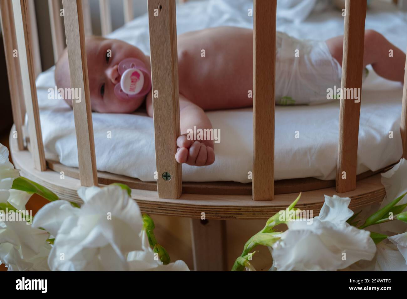 A touching moment of childbirth in a hospital. Doctors and staff assist the mother while the ...