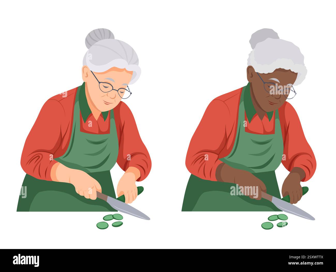 Vector set of flat illustration of old woman cooking. Collection of ...