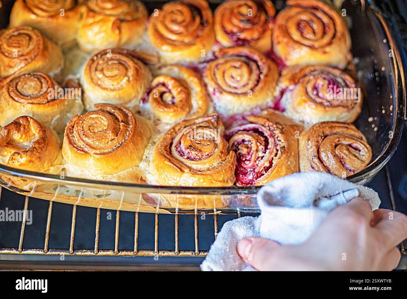 take out of the oven cooking raspberry cinnamon rolls in mascarpone ...