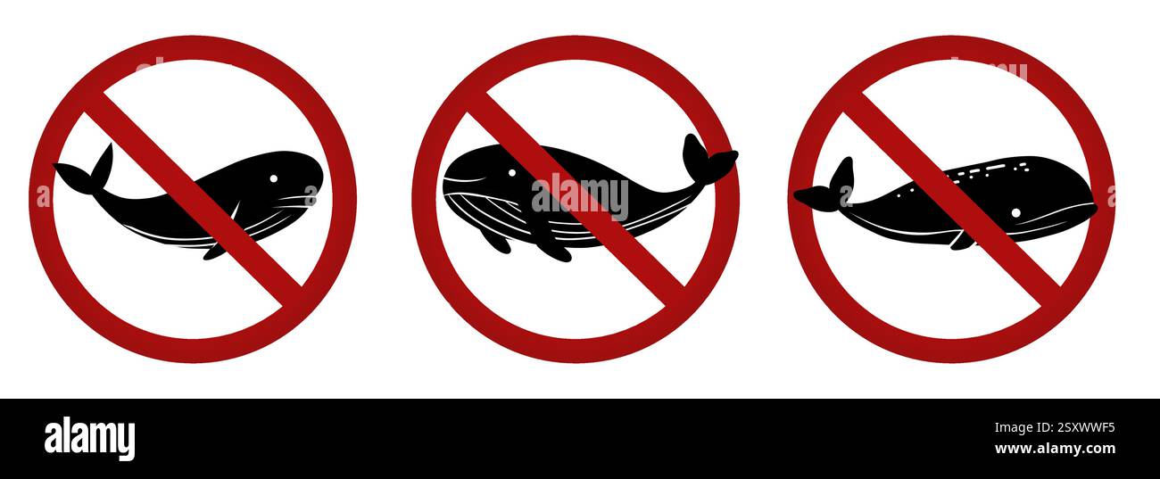 Vector set of prohibition signs with black silhouettes of whales ...