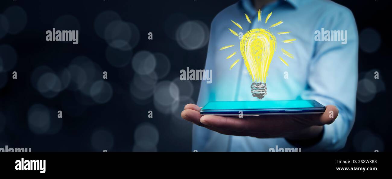 businessman hand phone with idea on virtual screens Stock Photo - Alamy