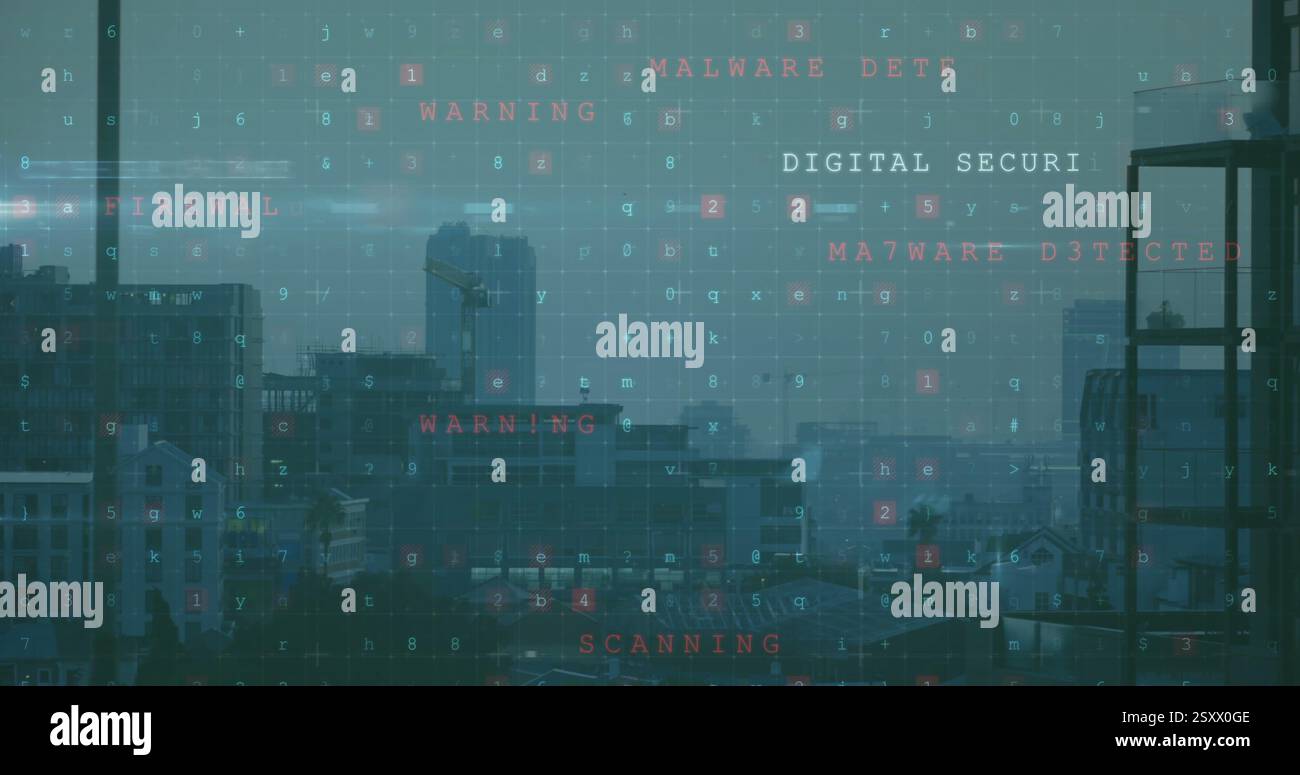 Image of cyber warning text and data processing over cityscape Stock Photo - Alamy