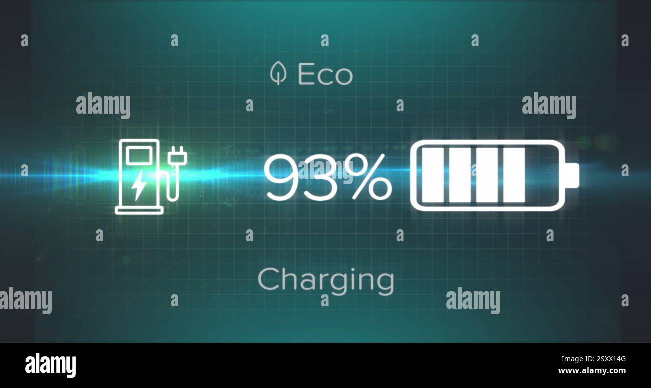 Image of battery charge icon and data processing over black background ...