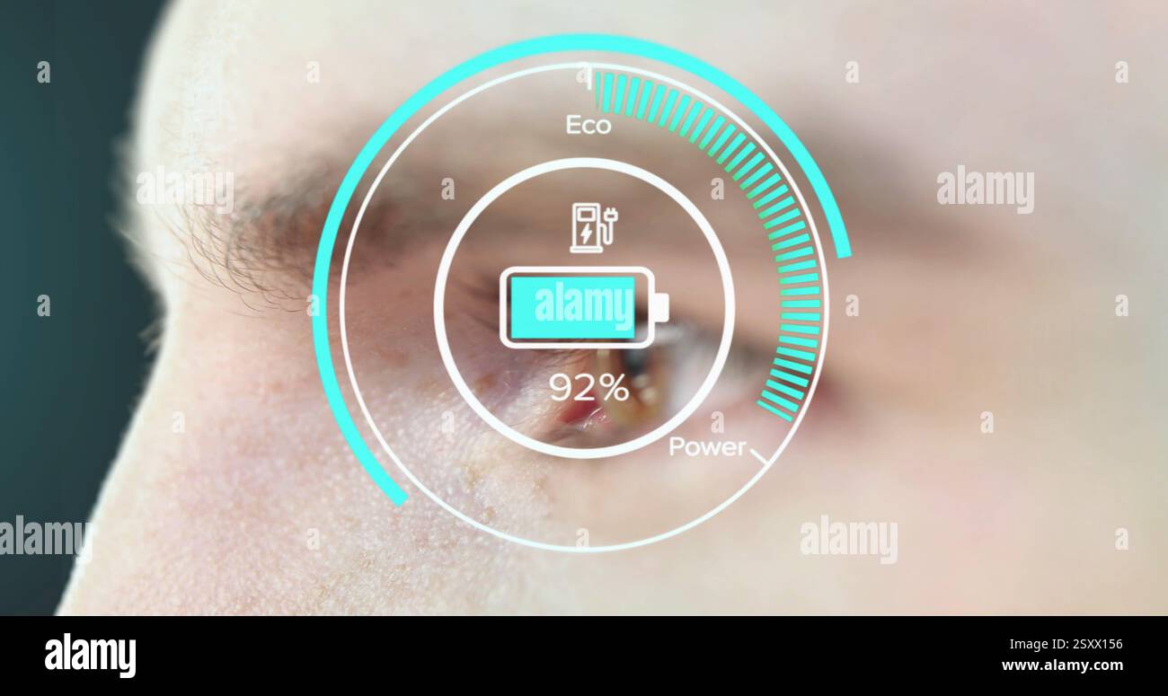 Image of battery charge icon and data processing over caucasian man ...