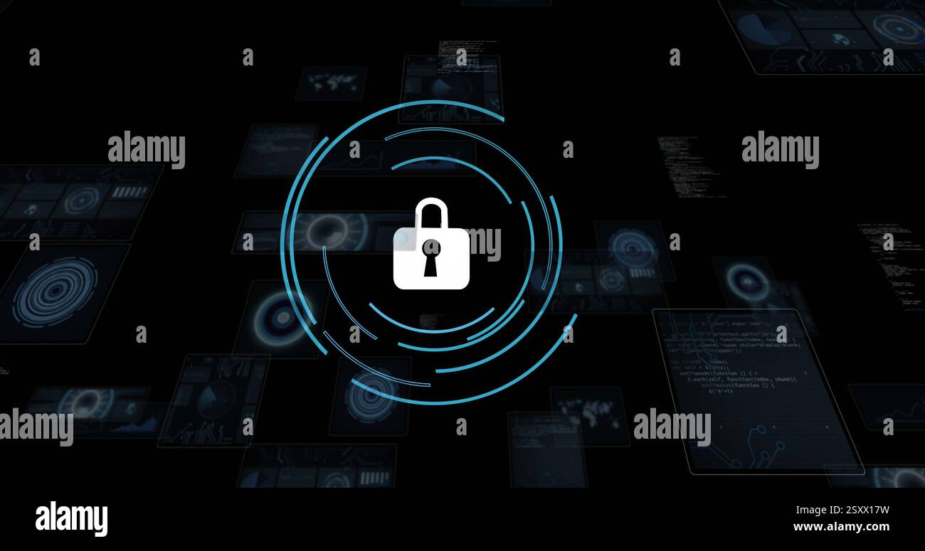 Image of padlock icon with scope and data processing Stock Photo - Alamy