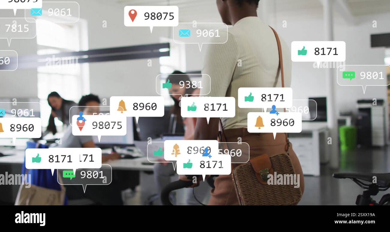 Image of social media icons with numbers over diverse colleagues ...
