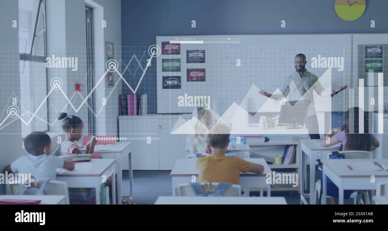 Image of data processing and diagrams over diverse male teacher and ...