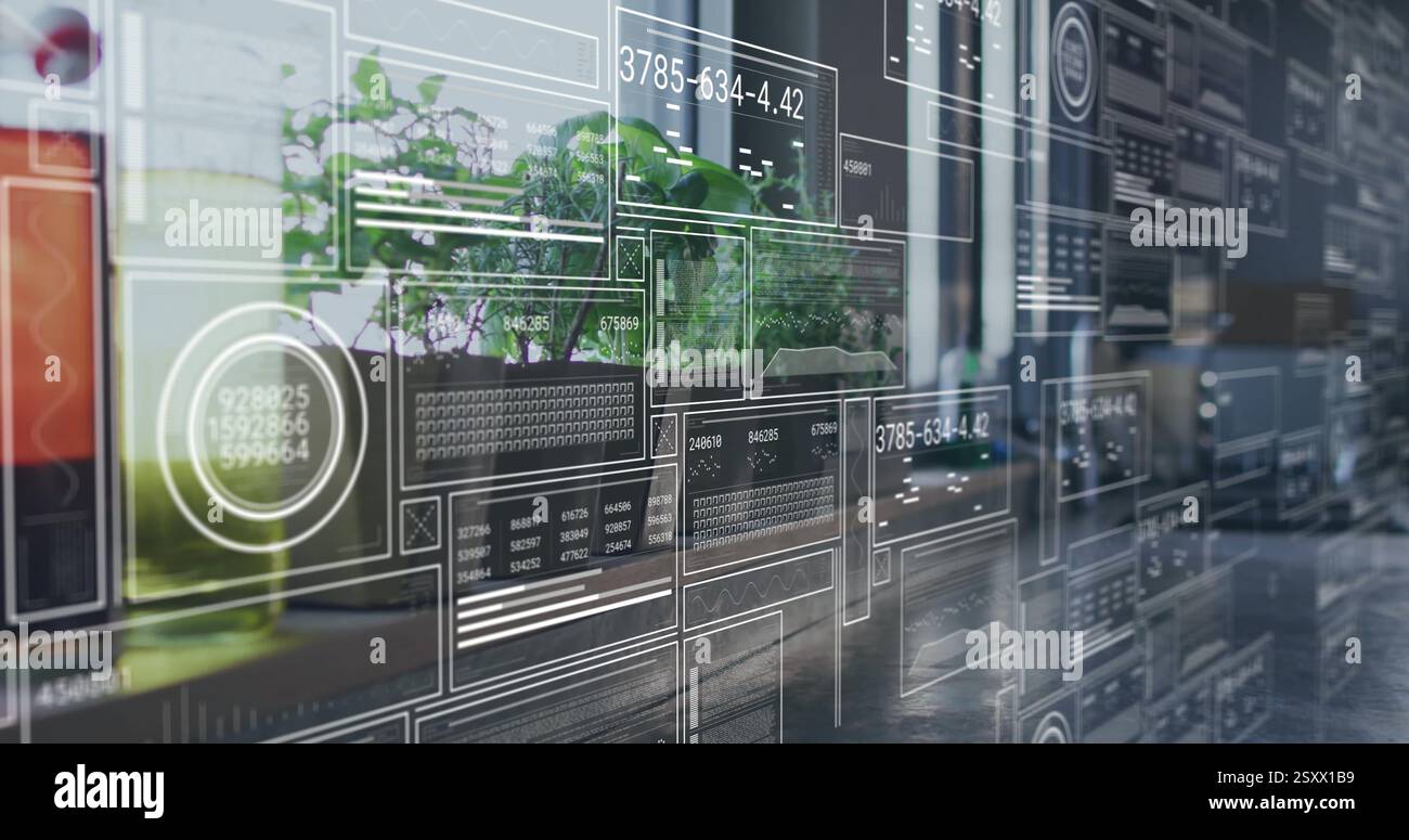 Image of data processing over plants in pots in row at home Stock Photo ...