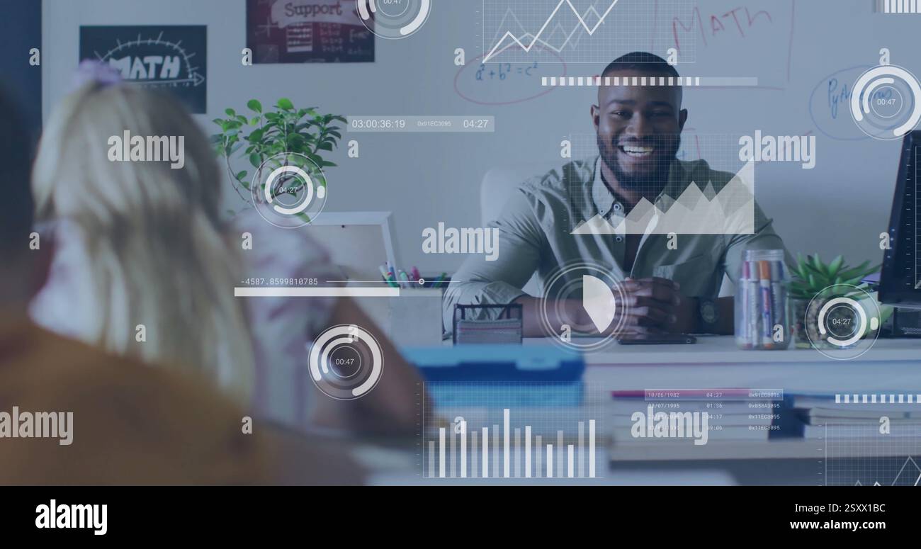 Image of data processing and diagrams over diverse male teacher and ...