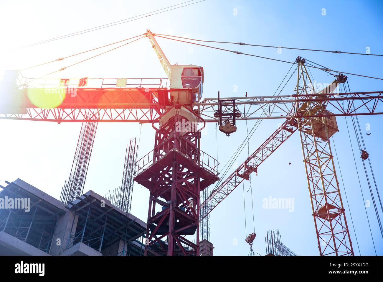 Tower Crane lifting heavy load at the sunset Stock Photo - Alamy