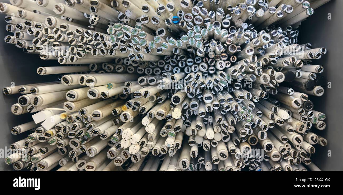 View from above large group of fluorescent tube lights on end Stock ...