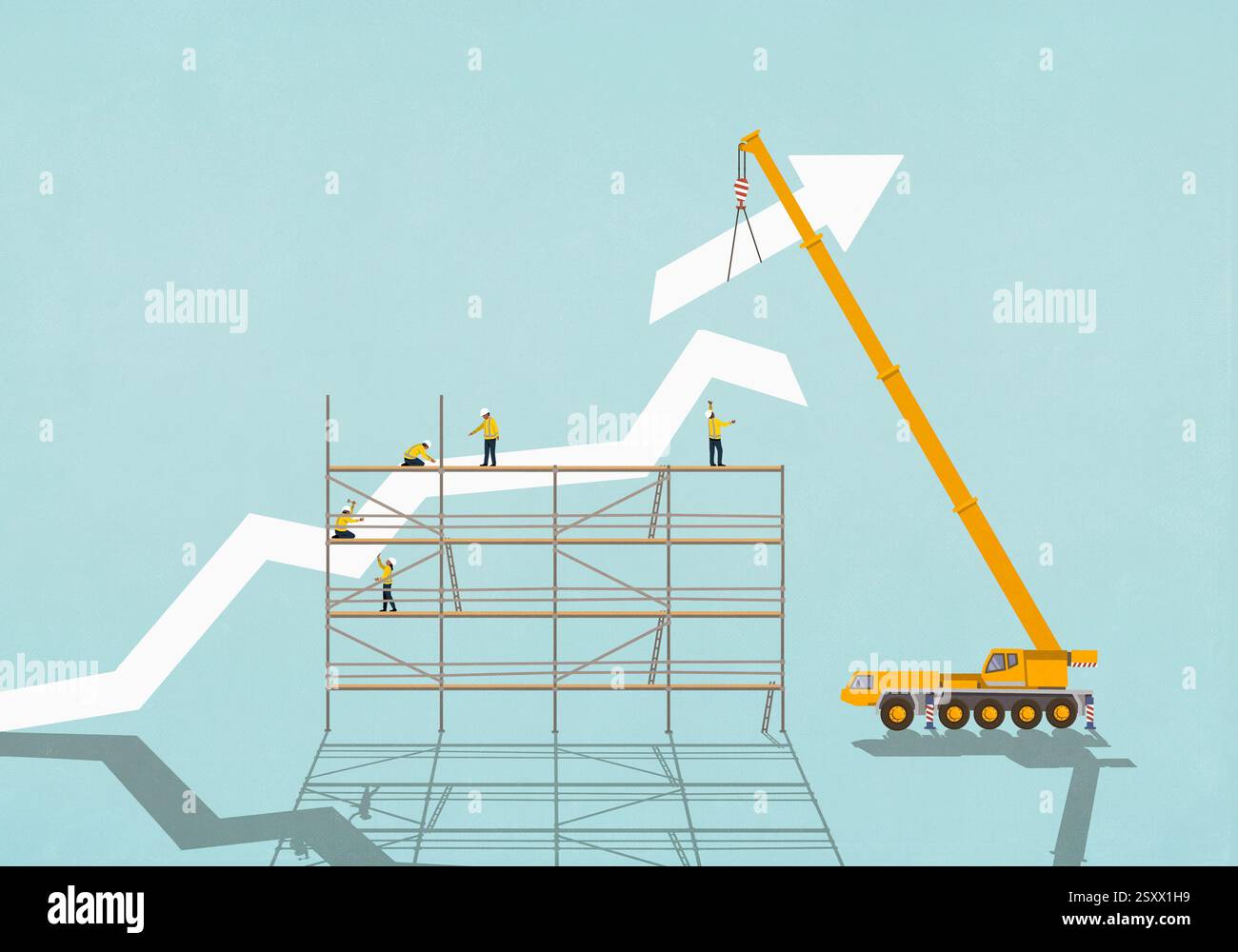 Construction workers on scaffolding below crane assembling ascending ...