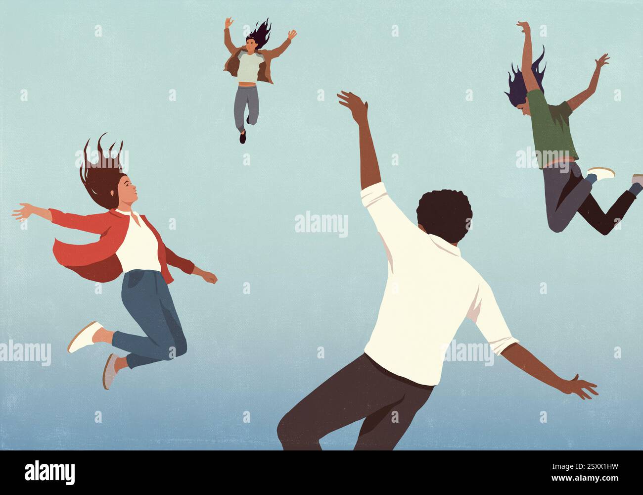 People with arms raised free falling from blue sky Stock Photo - Alamy