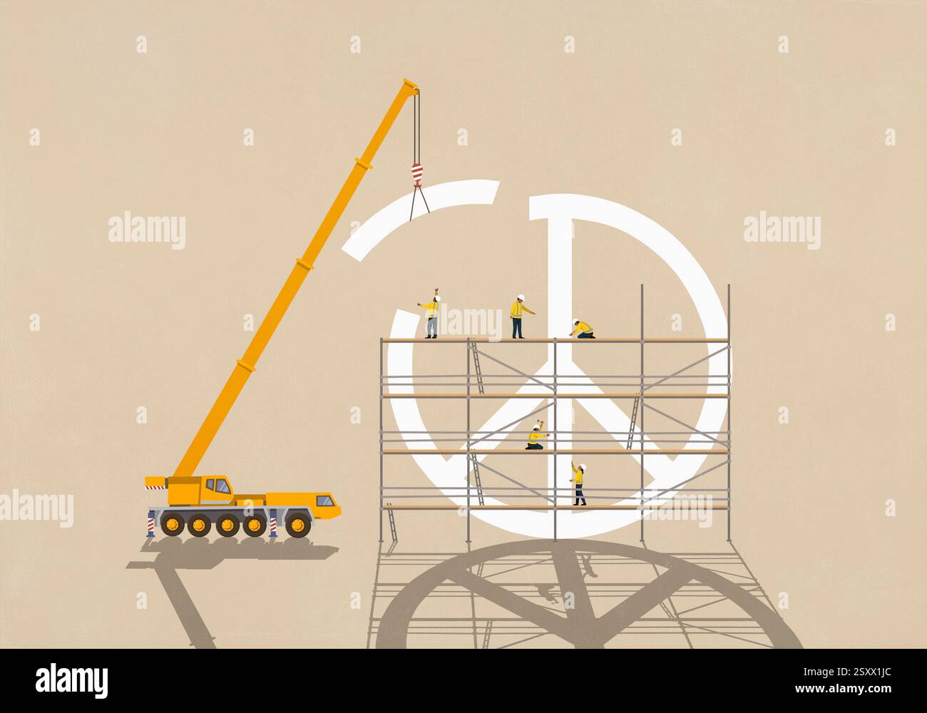 Construction workers on scaffolding below crane assembling large peace ...