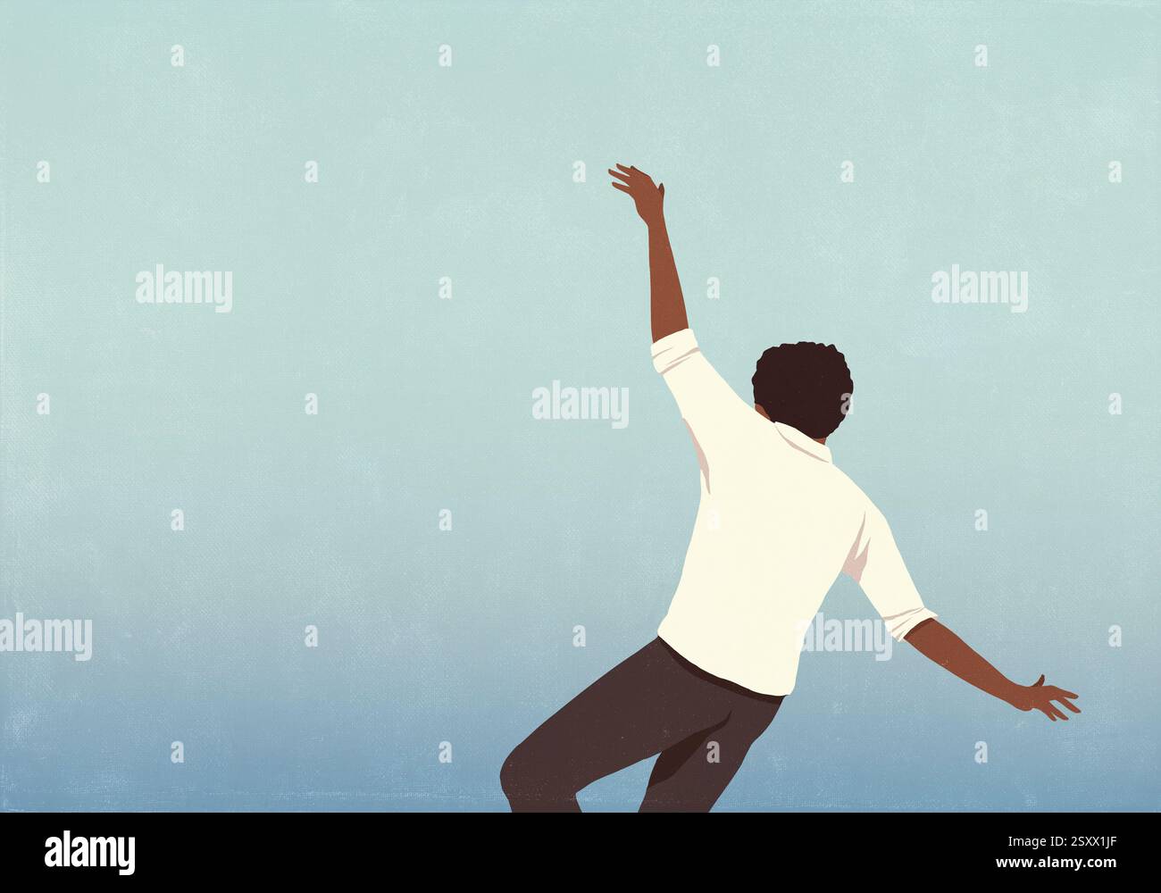 Low angle view man with arms outstretched free falling against blue ...