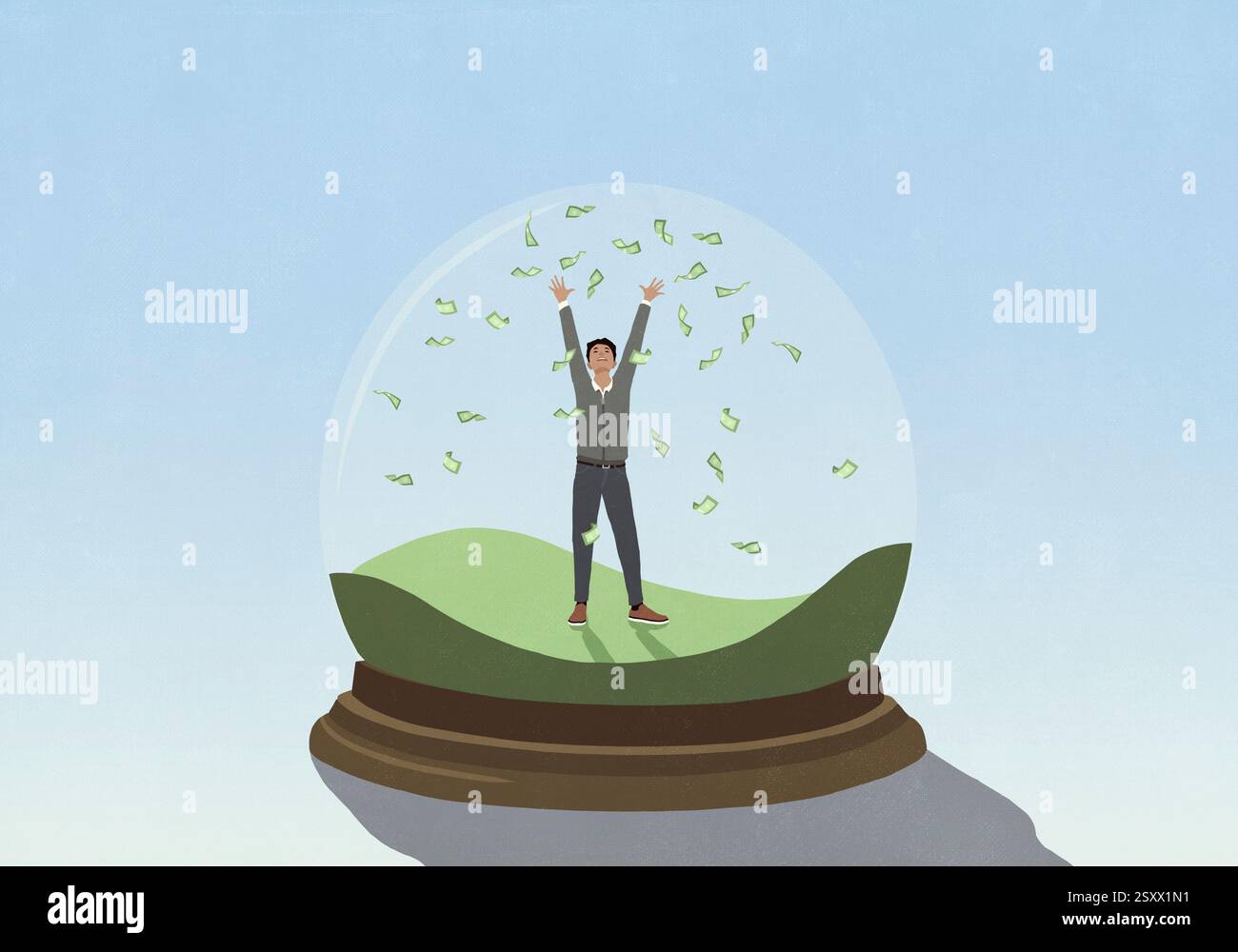 Man inside snow globe throwing money overhead Stock Photo - Alamy